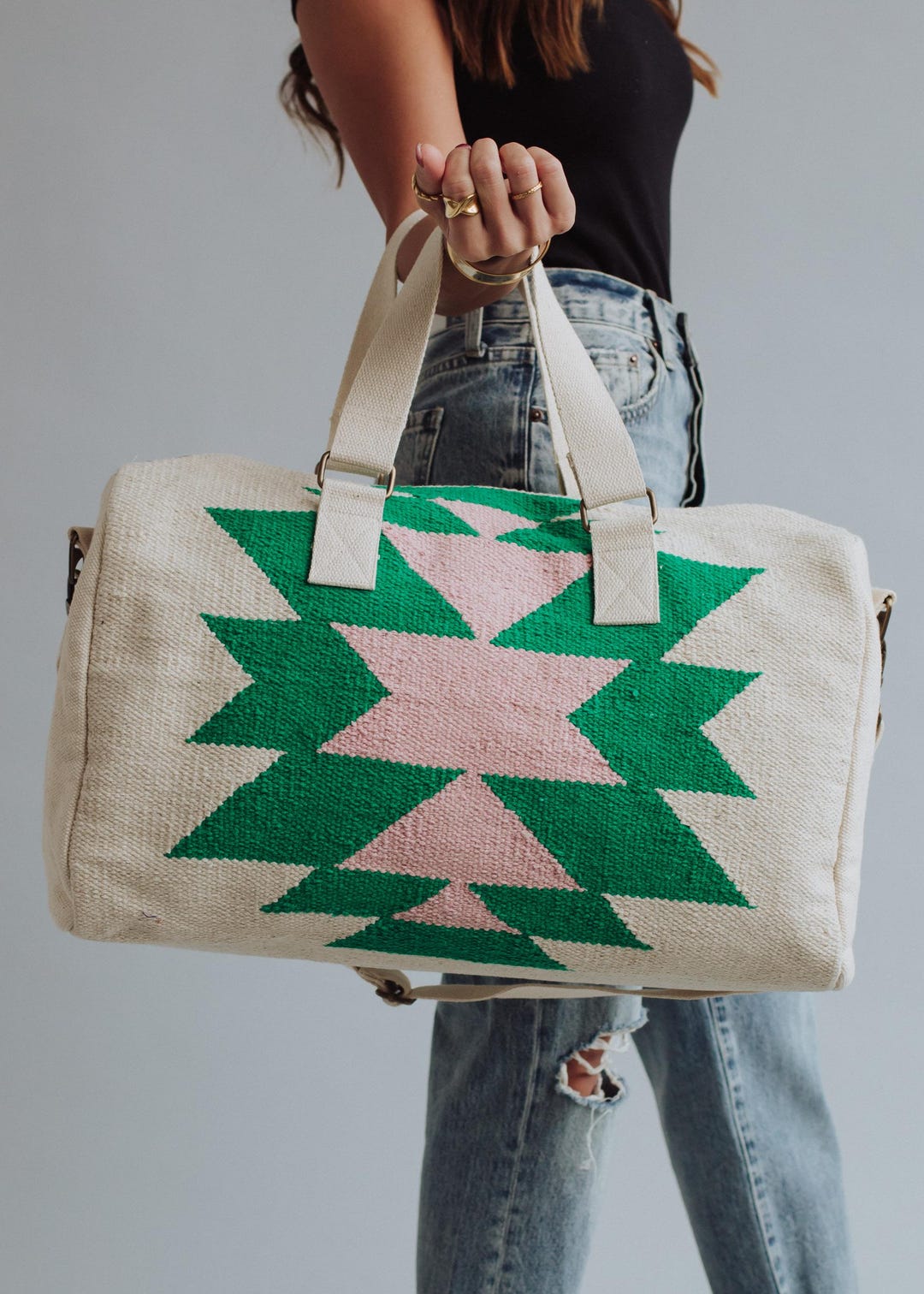 Beige, Green & Pink Western Duffel | Western Inspired Duffel Bag ...