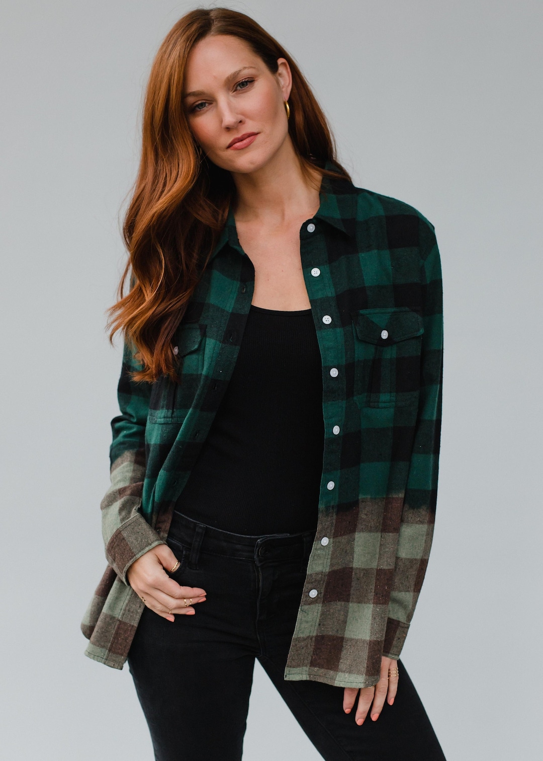 Green & Black Plaid Flannel | Bleach Dipped Contrast Flannel | Women's ...