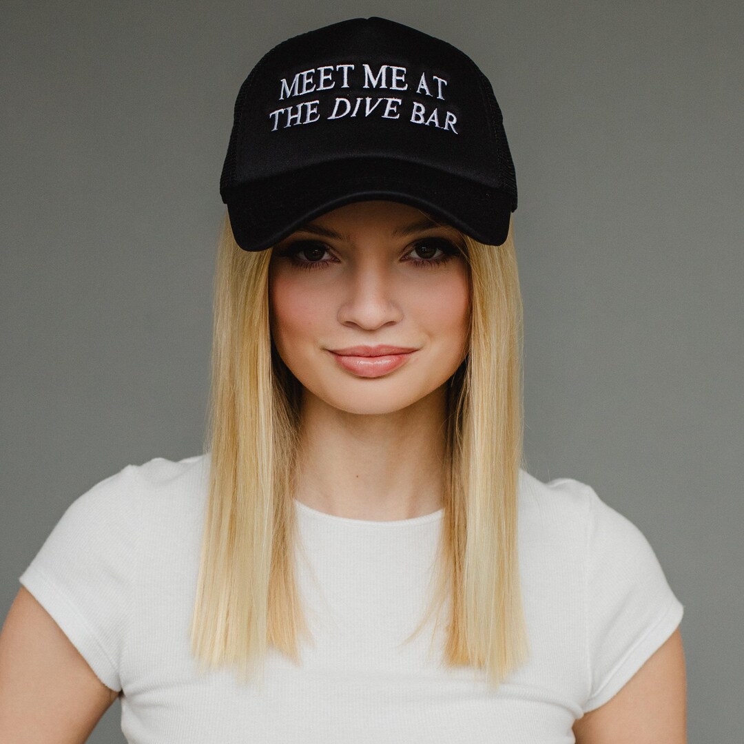 Meet Me at the Dive Bar Trucker Hat | Embroidered Black Cap - Etsy
