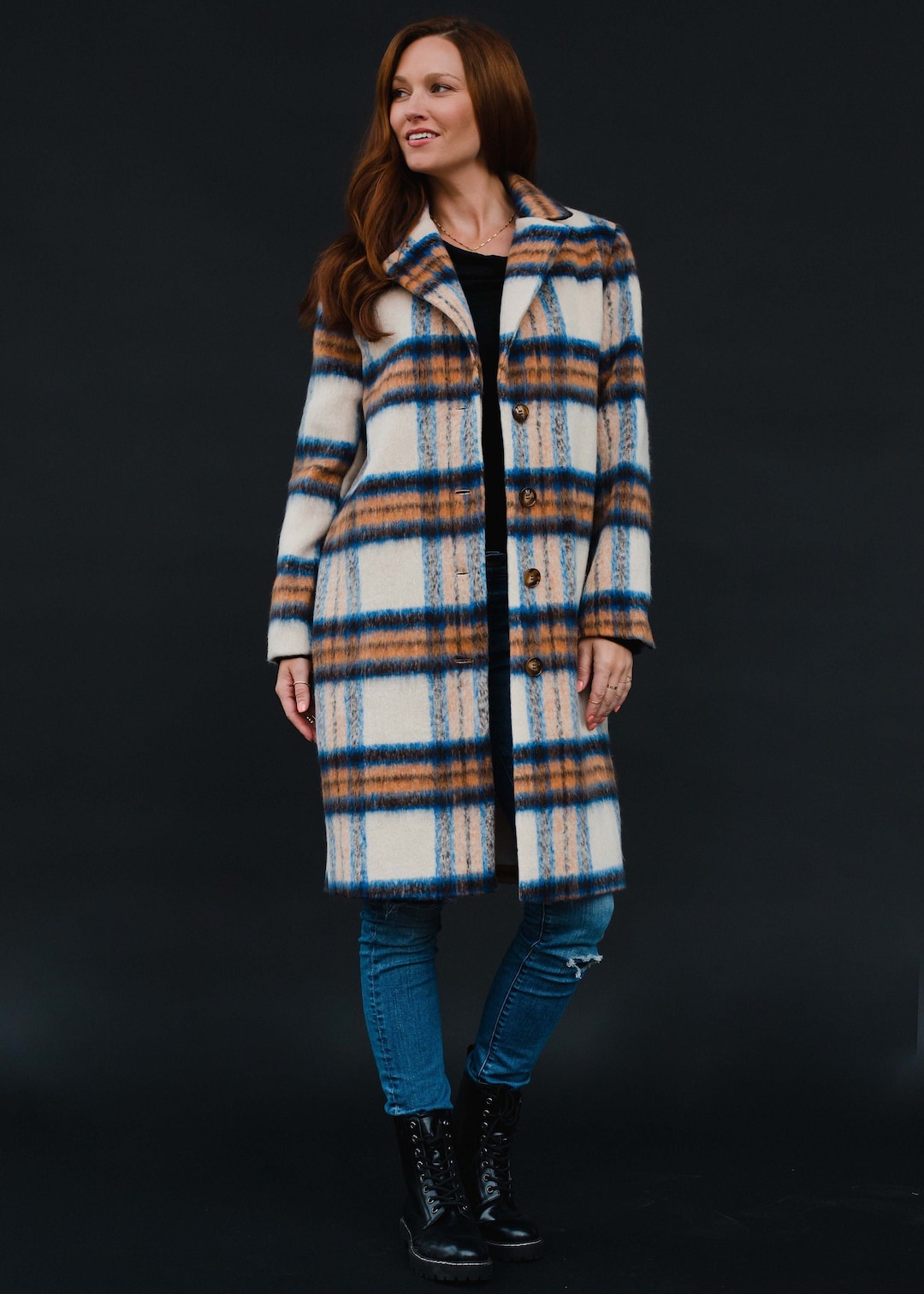 Cream, Rust & Blue Plaid Coat Women's Plaid Coat Statement Coat Women's ...
