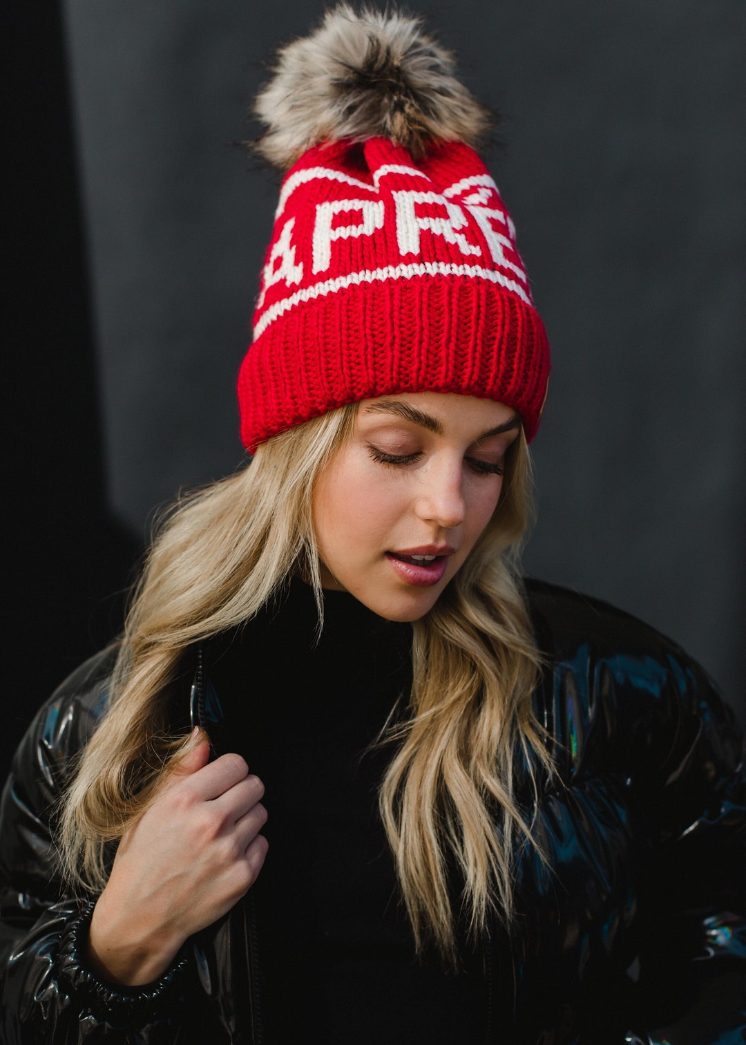 Red & White Apres Pom Hat | Fleece Lined Pom Hat | Women's Pom Hat ...