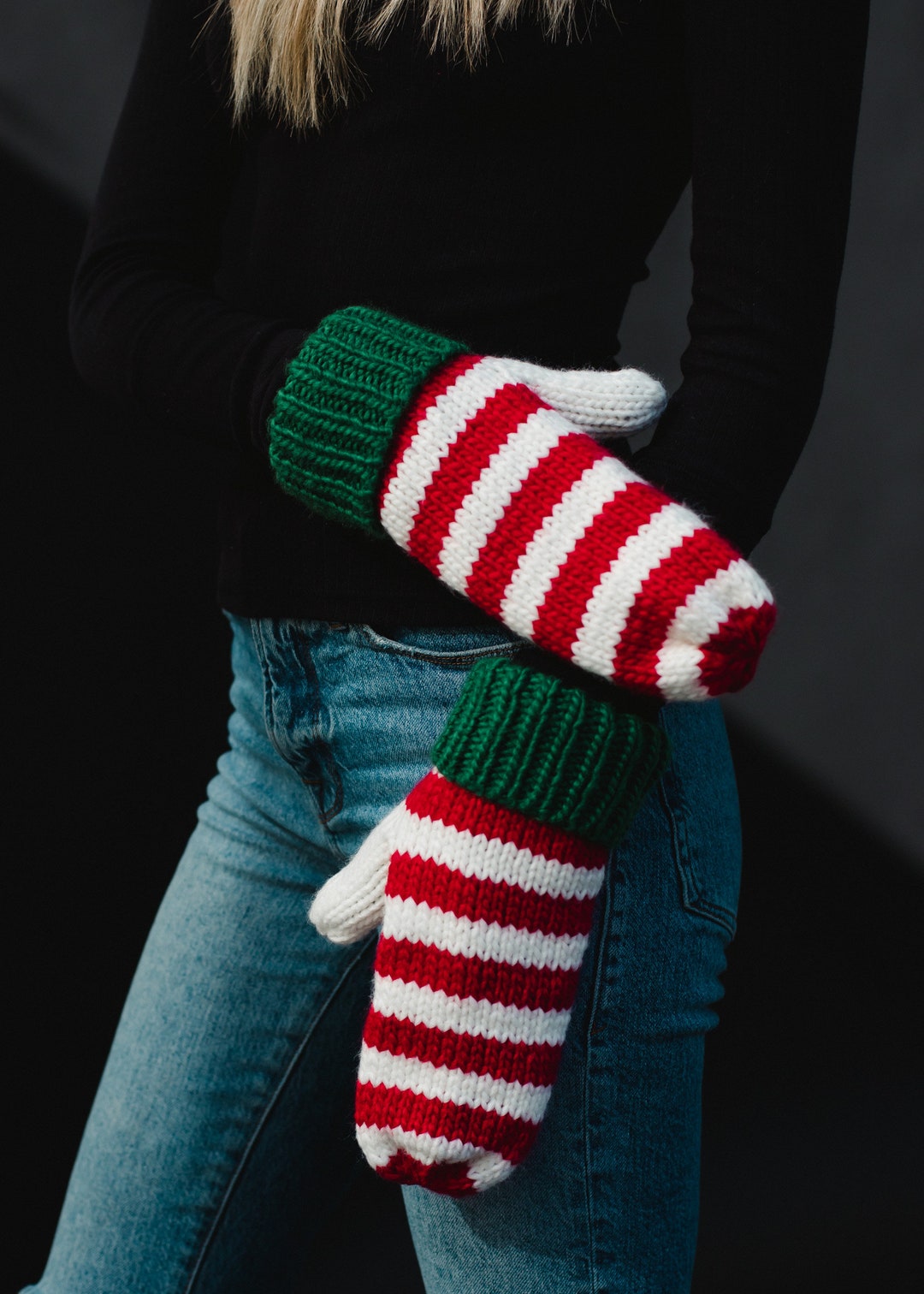 Red, White & Green Striped Mittens Fleece Lined Mittens Striped Mittens ...