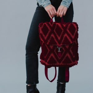 Burgundy Diamond Pattern Backpack Textured Backpack Women's Backpack ...