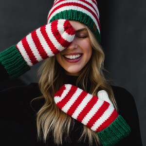 Red, White & Green Striped Mittens Fleece Lined Mittens Striped Mittens ...