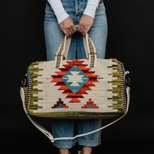 Tan & Multicolored Aztec Duffel | Aztec Inspired Duffel Bag | Summer ...