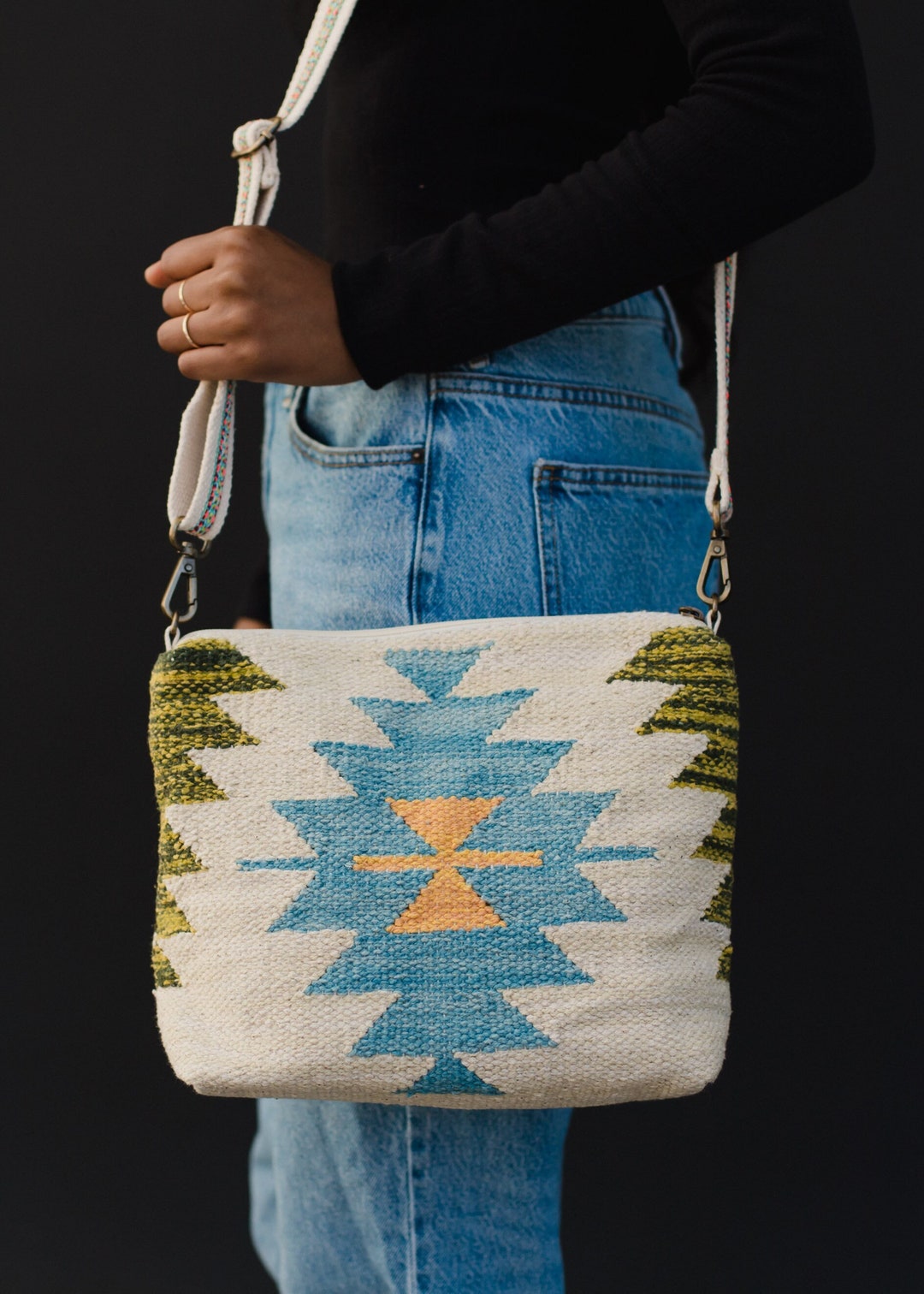 Cream, Blue & Green Aztec Crossbody Crossbody Bag Removable Strap Aztec ...