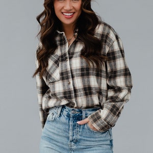 Cream, Tan & Black Patch Flannel Women's Patch Flannel Rock and Roll ...