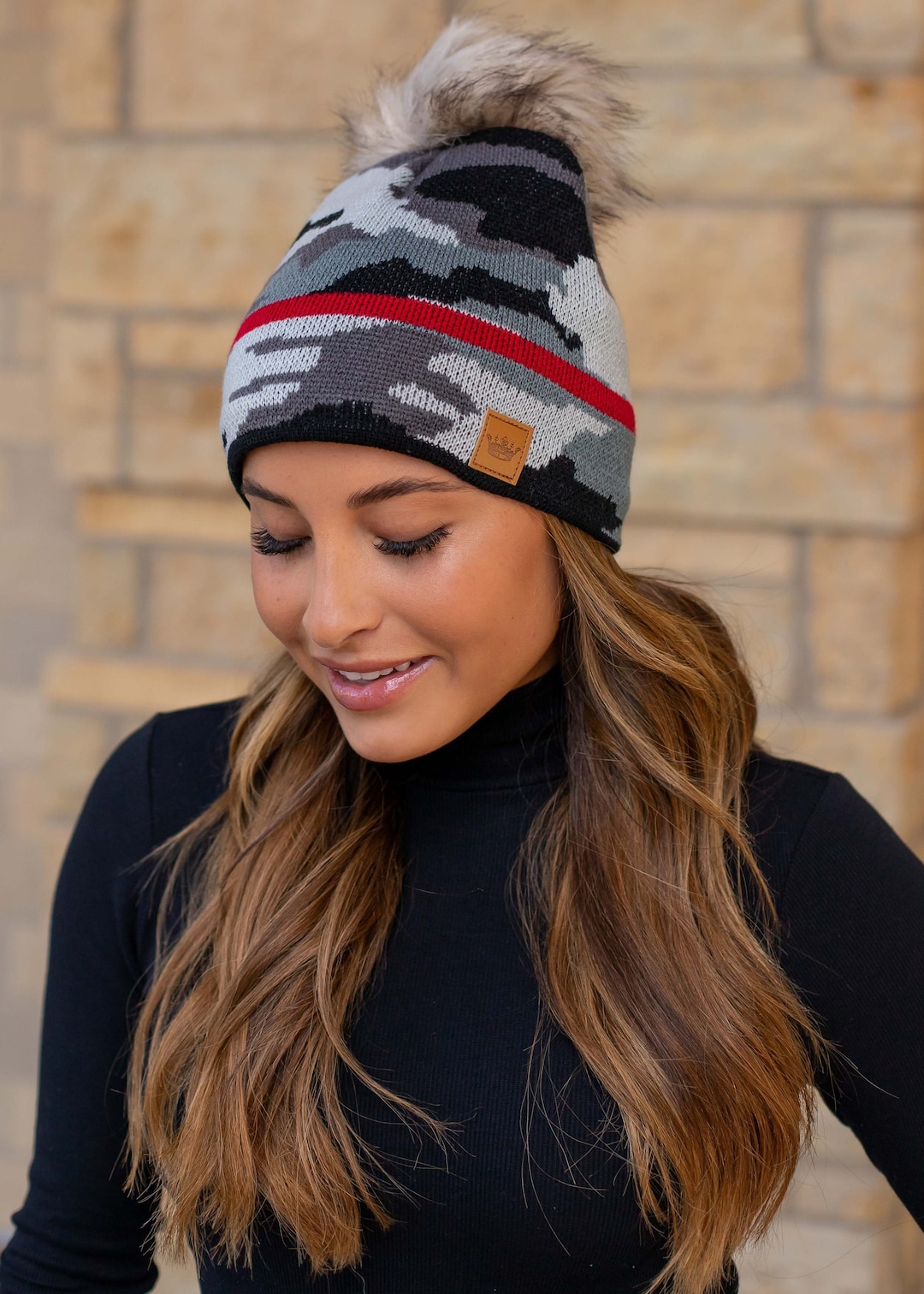 Grey Camo With Red Stripe Pom Hat Camo Pom Hat Camo Winter Hat Grey ...
