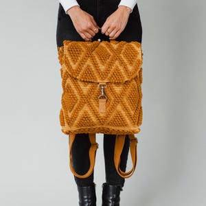 Mustard Diamond Pattern Backpack | Textured Backpack | Statement ...
