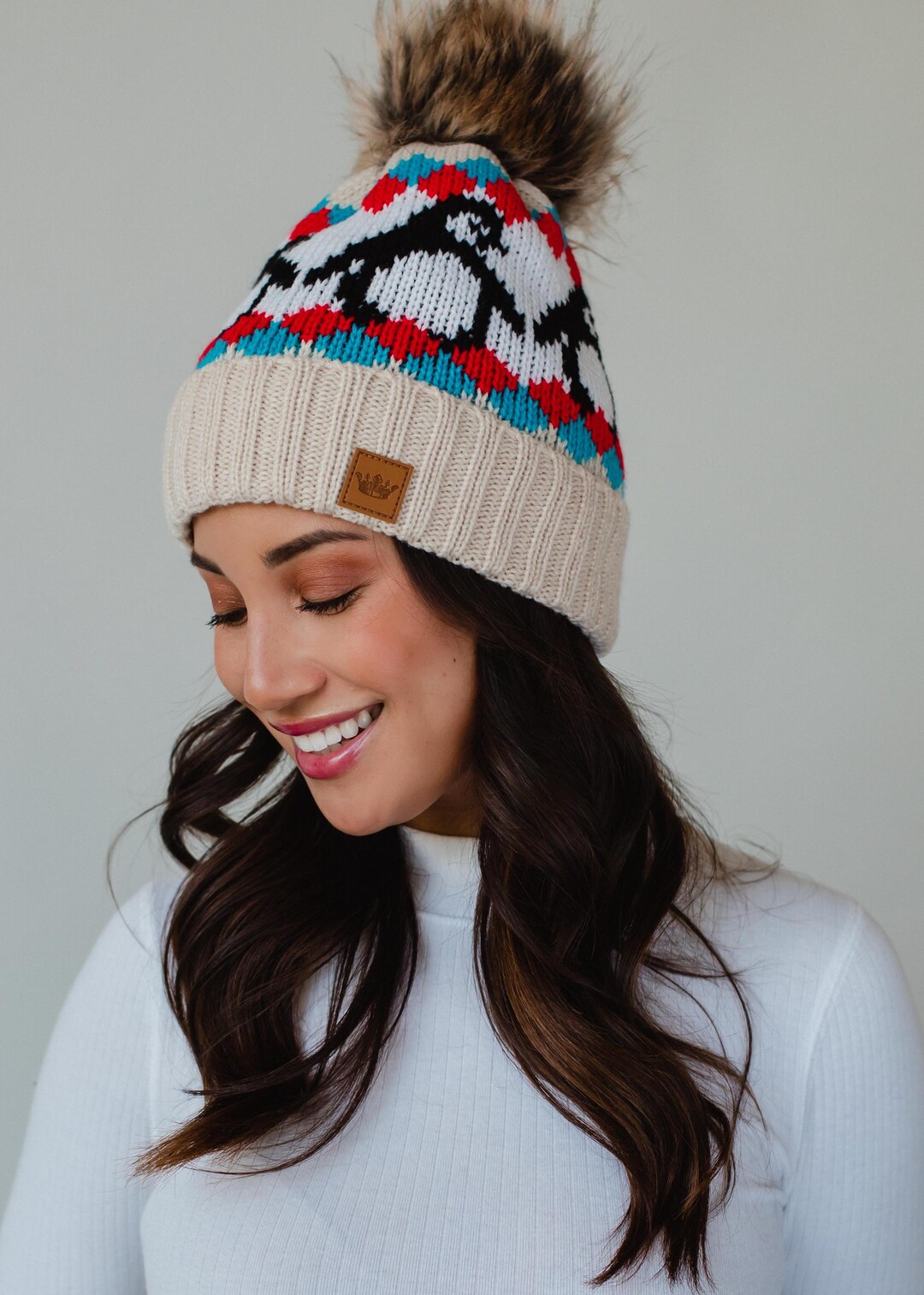 Beige & Red Penguin Patterned Pom Hat | Fleece Lined Pom Hat | Penguin ...