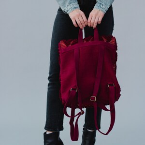 Burgundy Diamond Pattern Backpack Textured Backpack Women's Backpack ...