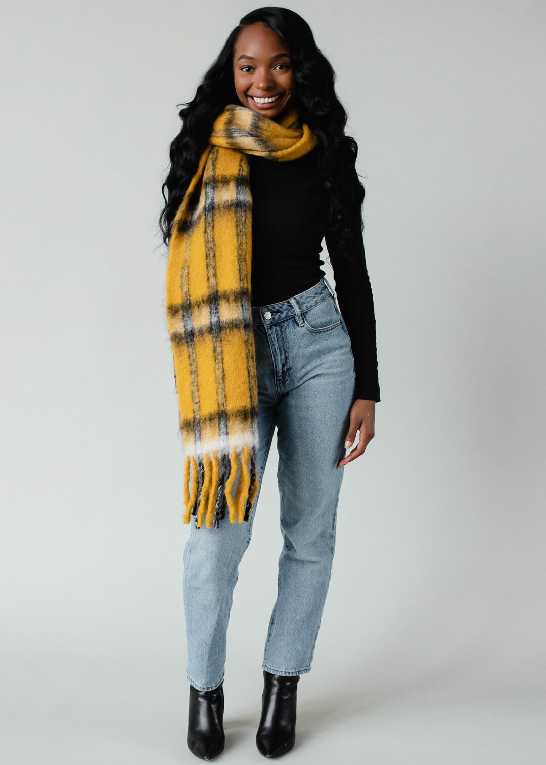 Mustard Plaid Long Scarf With Fringe | Mustard Yellow Long Scarf ...