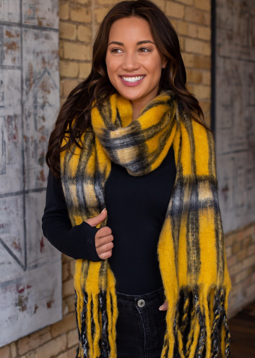 Mustard Plaid Long Scarf With Fringe Mustard Yellow Long Scarf Winter ...