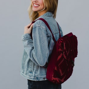 Burgundy Diamond Pattern Backpack Textured Backpack Women's Backpack ...