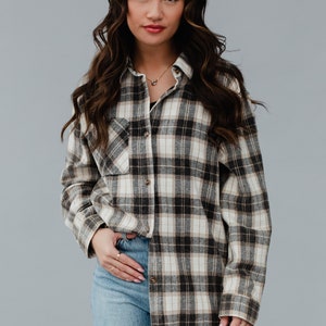 Cream, Tan & Black Patch Flannel Women's Patch Flannel Rock and Roll ...