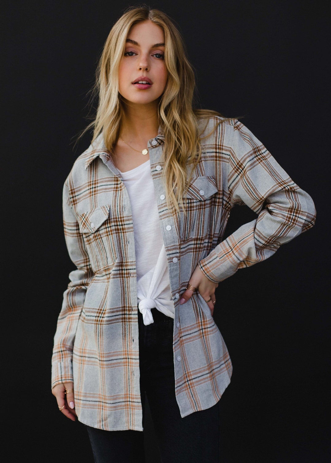 Gray, Camel & White Plaid Flannel Fall Flannel Fall Button up Women's ...