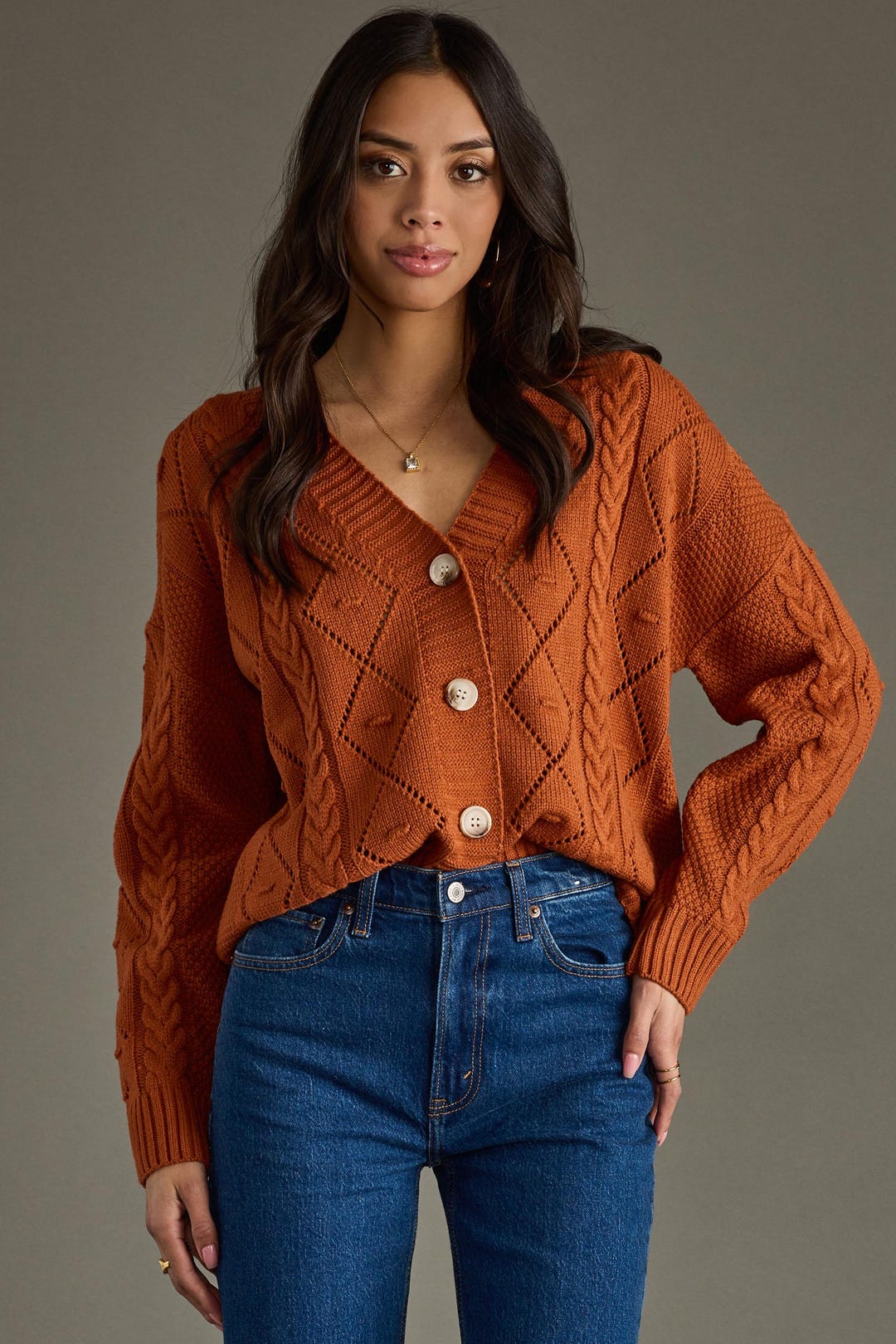 Rust Button up Cardigan | Decorative Knit Cardigan | Button up Cardigan ...