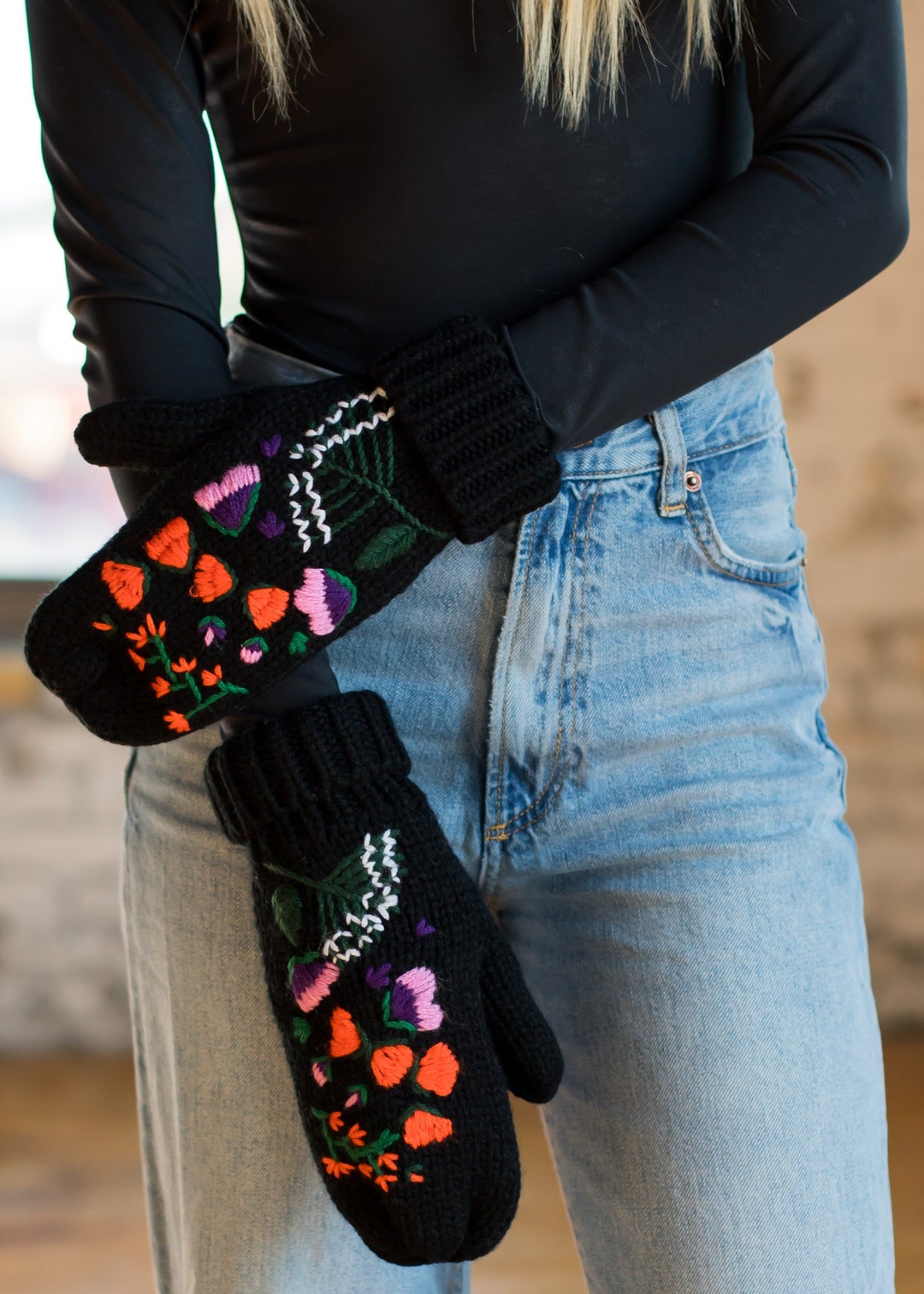 Black Hand Stitched Floral Knit Mittens Hand Stitched Embroidery Floral ...