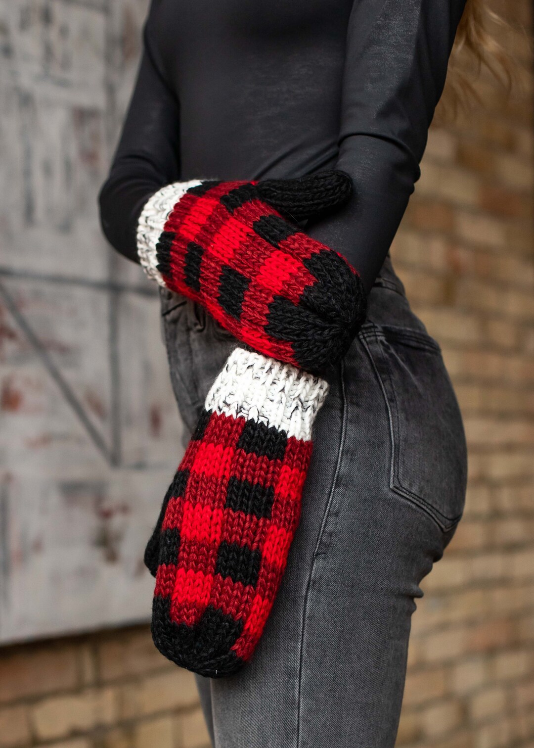 Red Buffalo Plaid Mittens With Grey Trim Buffalo Plaid Winter Mittens ...