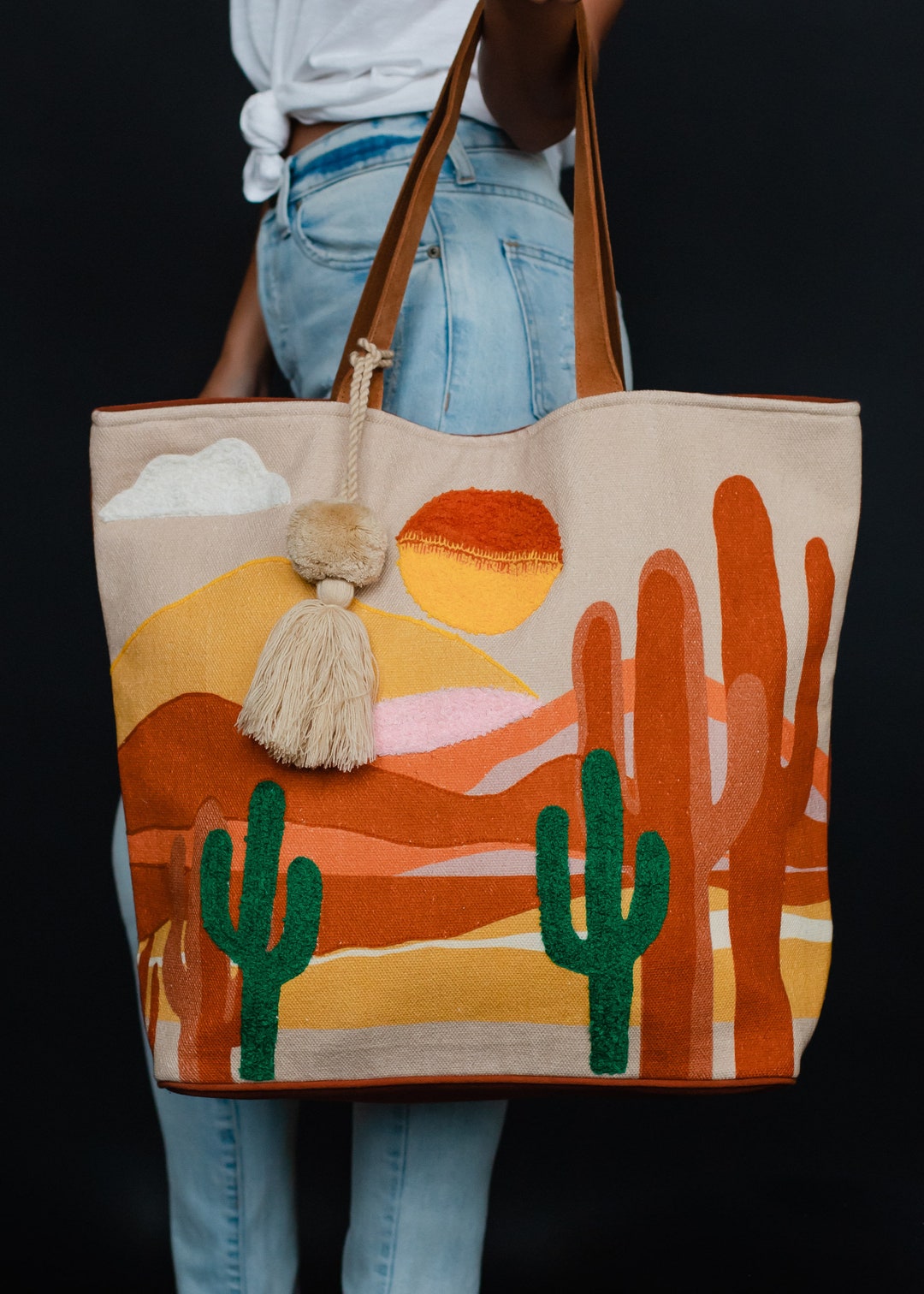 Desert Scene Tote Scenic Tote Bag Travel Bag Weekender Bag Pom Tassel ...