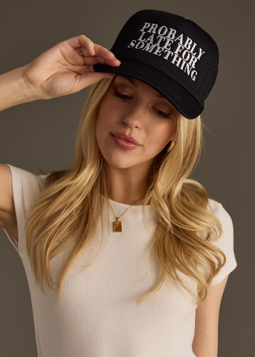 Probably Late for Something Trucker Hat | Black Trucker Hat | Funny ...