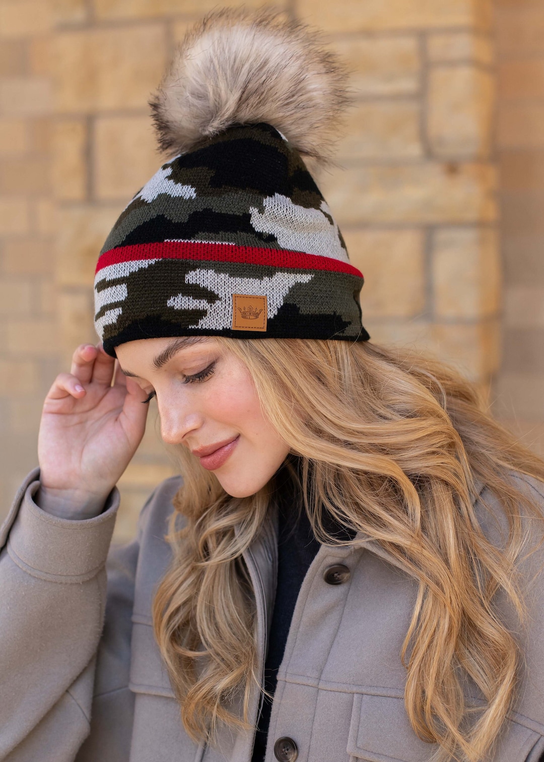 Green Camo With Red Stripe Pom Hat Camo Pom Hat Camo Winter Hat Trendy ...