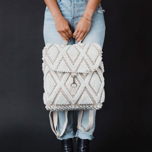 Cream Diamond Pattern Backpack | Textured Backpack | Neutral Backpack ...