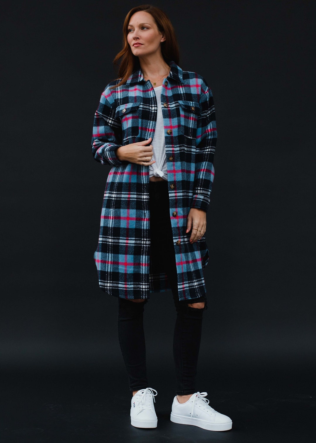 Blue, Dark Navy & Pink Plaid Long Flannel Women's Plaid Shacket ...