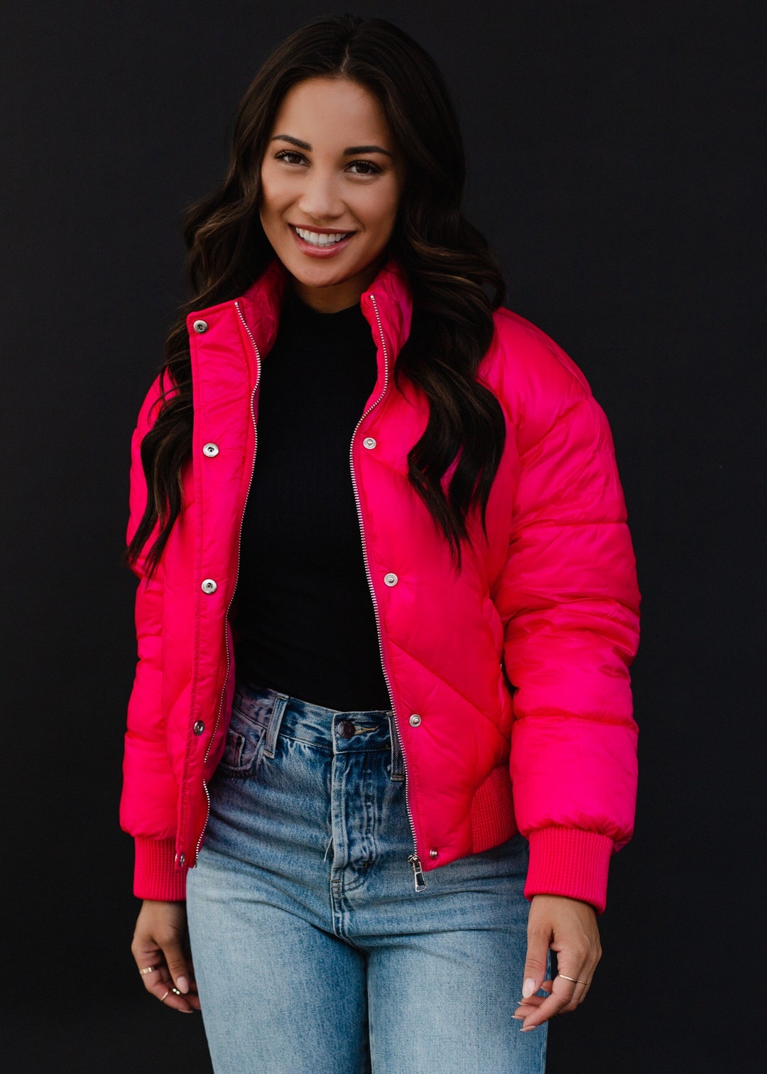 Bright Pink Cropped Jacket Pink Puffer Jacket Trendy Jacket Winter ...