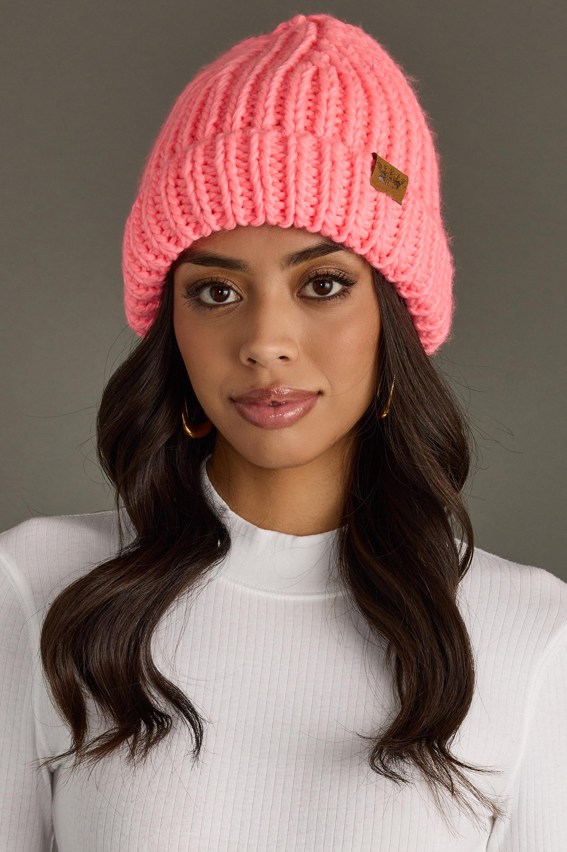 Bright Coral Chunky Knit Beanie | Fleece Lined Beanie | Coral Winter ...