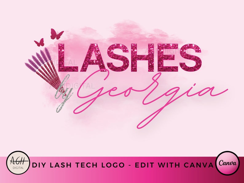 DIY Lash Tech Logo Template, Luxury Glam Pink Glitter Ink Logo Design ...