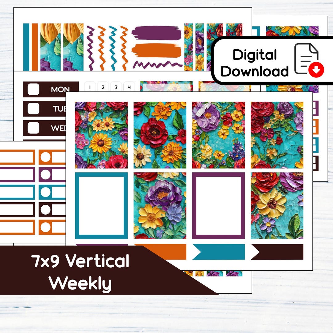 7x9 Vertical Weekly - Painted Floral Printable Weekly Sticker Kit for ...