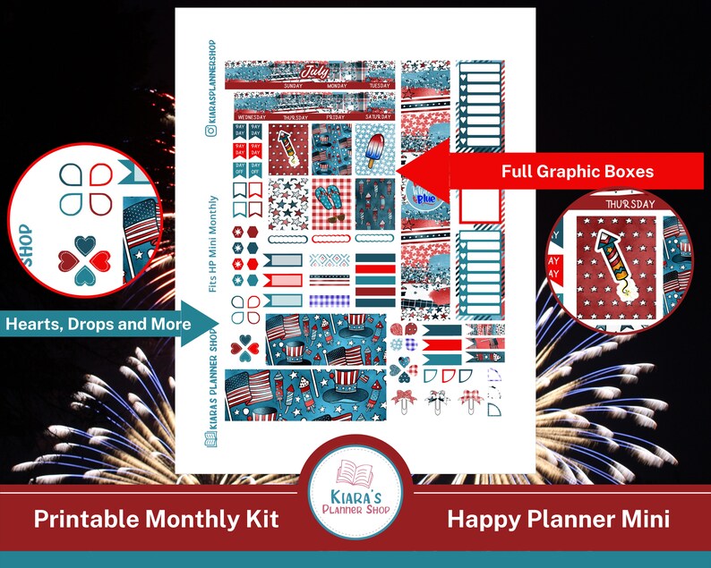 Red White and Blue july Printable Monthly Sticker Kit for - Etsy
