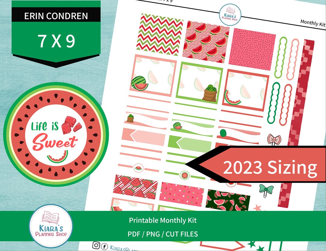 Watermelons Printable Monthly Sticker Kit for 7x9 Planners WM79M Erin ...