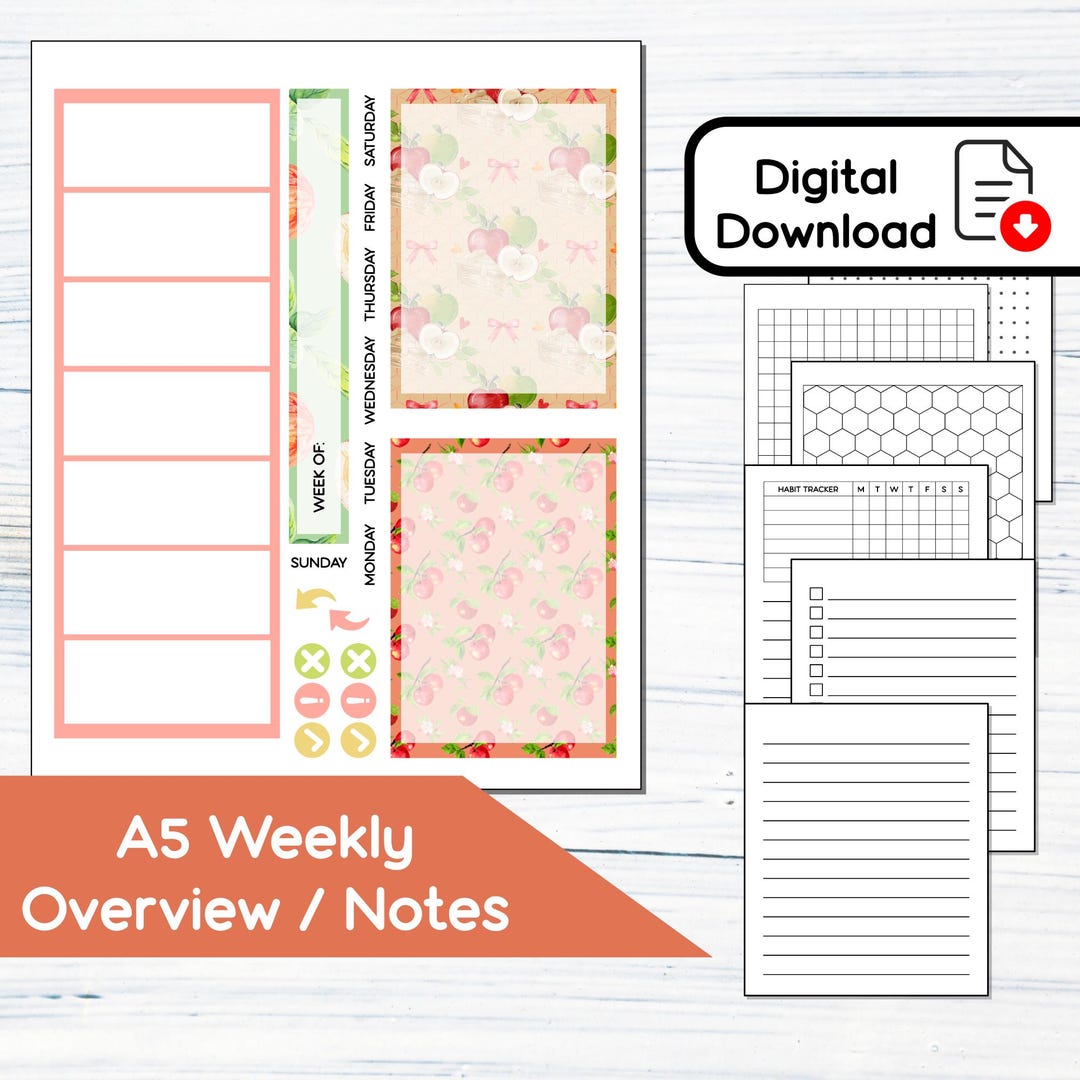 A5 Week at a Glance/notes - Apples Printable Weekly Sticker Kit for A5 ...