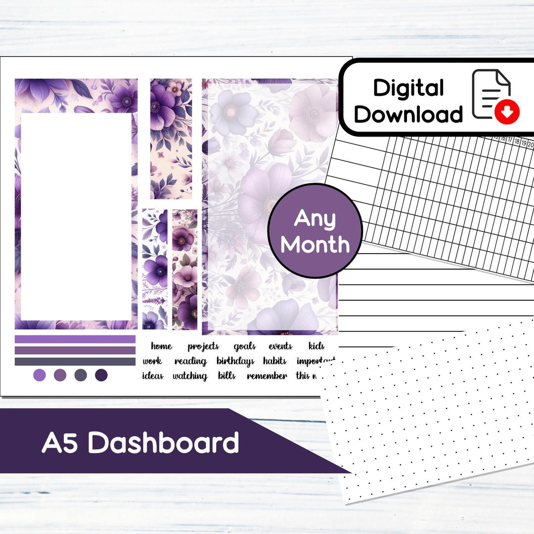 A5 Dashboard - February Violets Printable Dashboard Sticker Kit for A5 ...