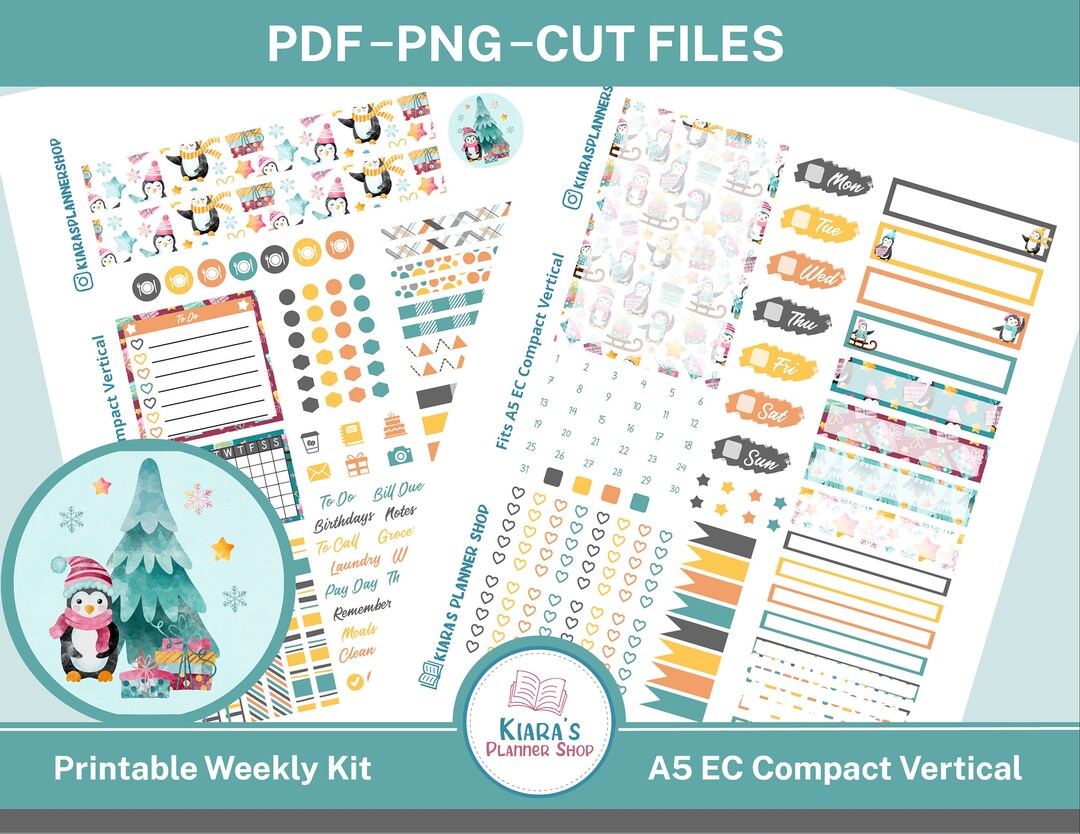 Holiday Penguins december Printable Compact Vertical Weekly Sticker Kit ...