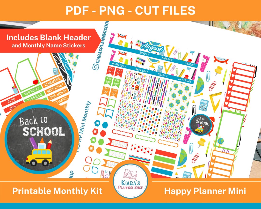 Back to School august Printable Monthly Sticker Kit for Happy Planner ...