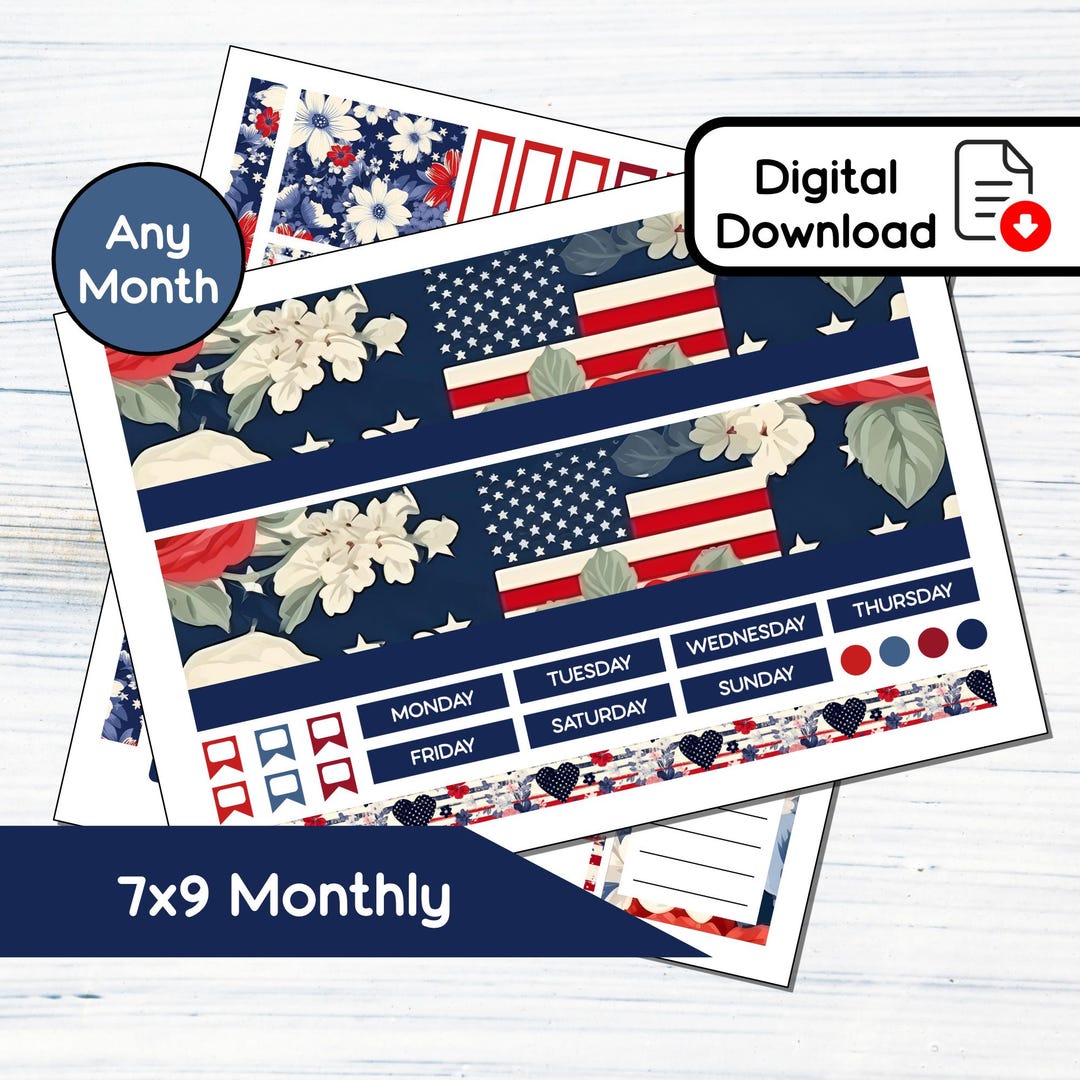 7x9 Monthly - Patriotic Shabby Chic Printable Monthly Sticker Kit for ...