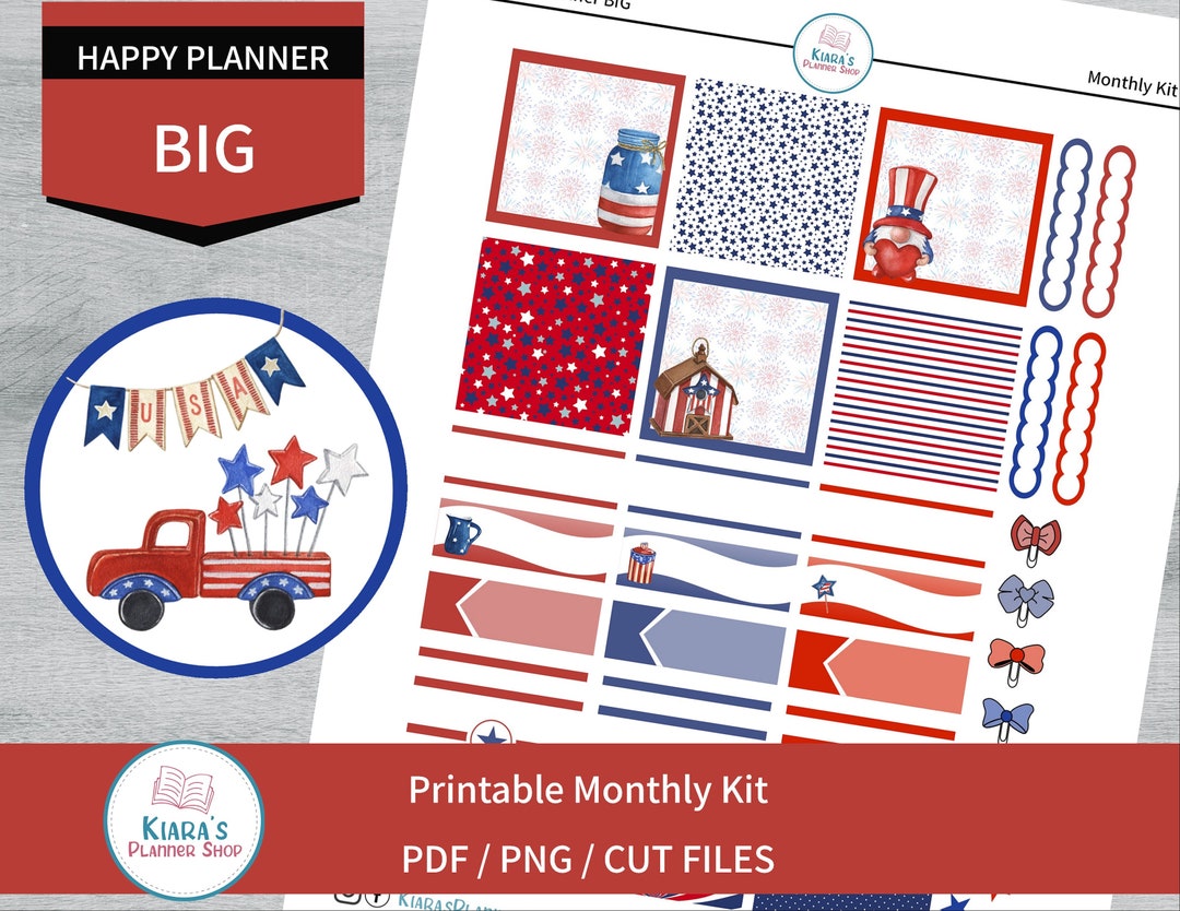 Stars and Stripes - Printable Monthly Sticker Kit for Happy Planner BIG ...