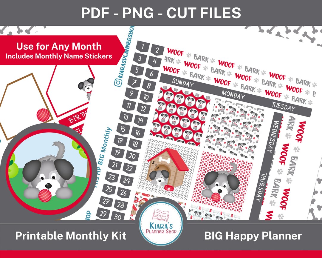 Cute Dogs any Month Printable Monthly Sticker Kit for Happy Planner BIG ...