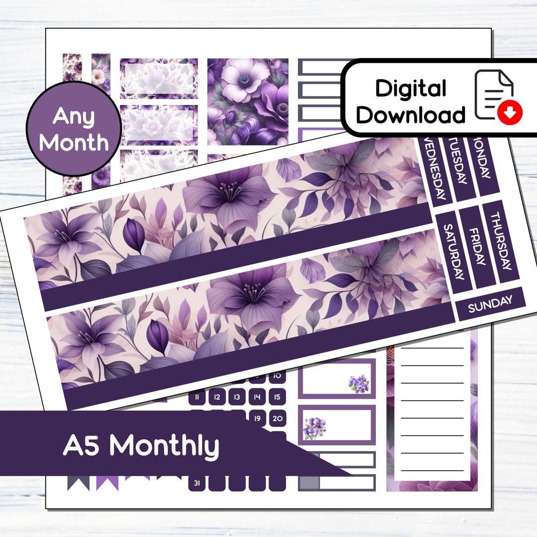 A5 Monthly - February Violets Printable Monthly Sticker Kit for ...