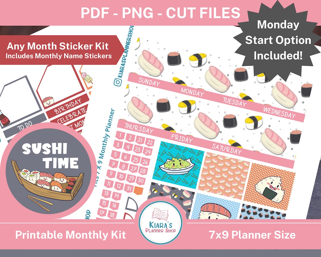 Kawaii Sushi Time any Month Printable Monthly Sticker Kit for 7x9 ...