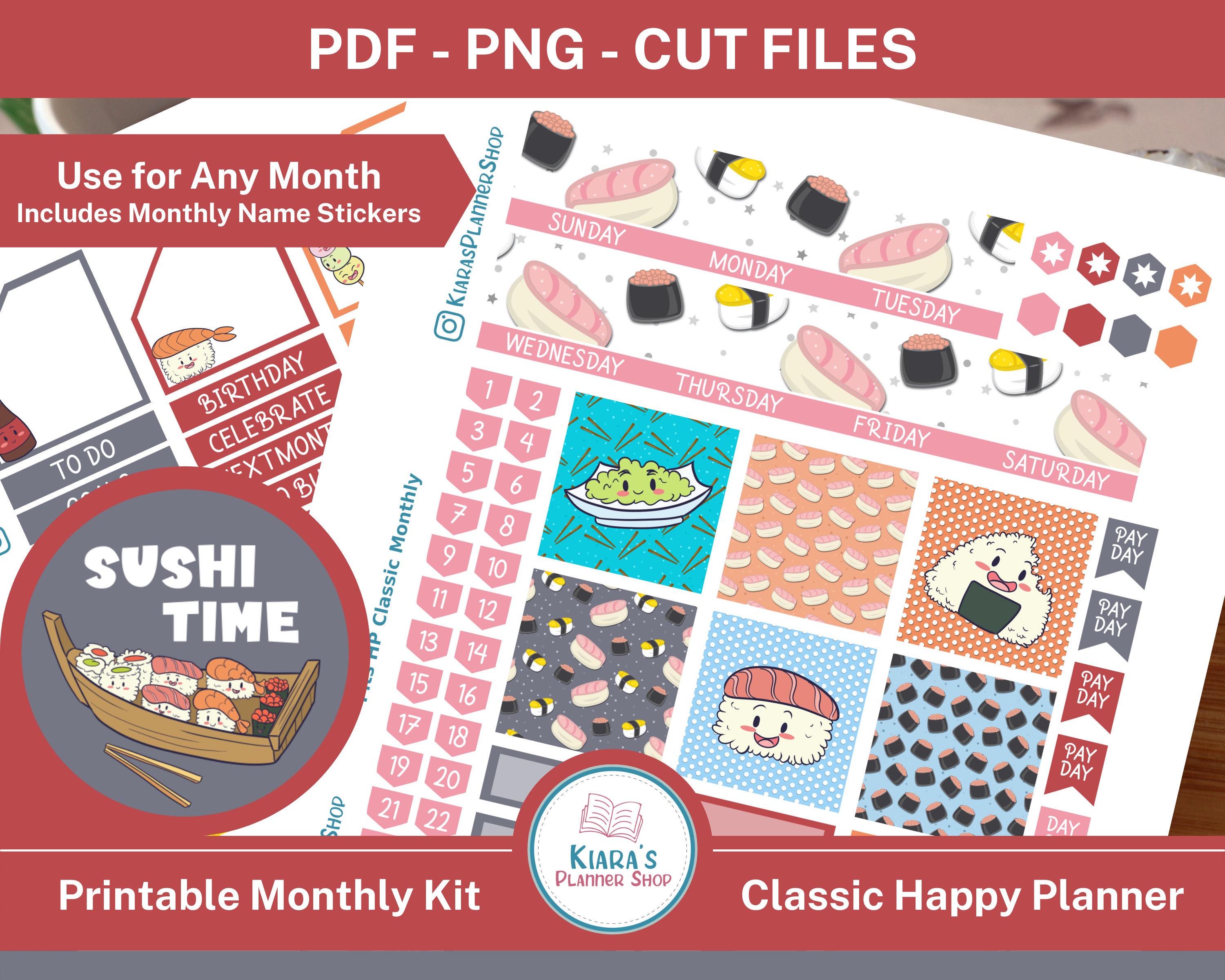 Paper Printable Monthly Planner Kit PNG Cut Files Kawaii Sushi Time Any ...
