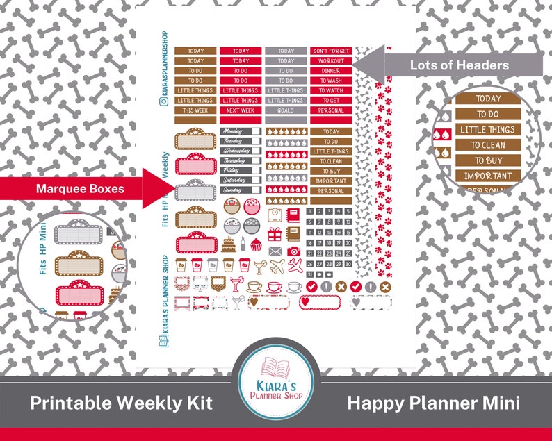 Cute Dogs Printable Weekly Sticker Kit for Happy Planner Mini CDHPMW 4 ...