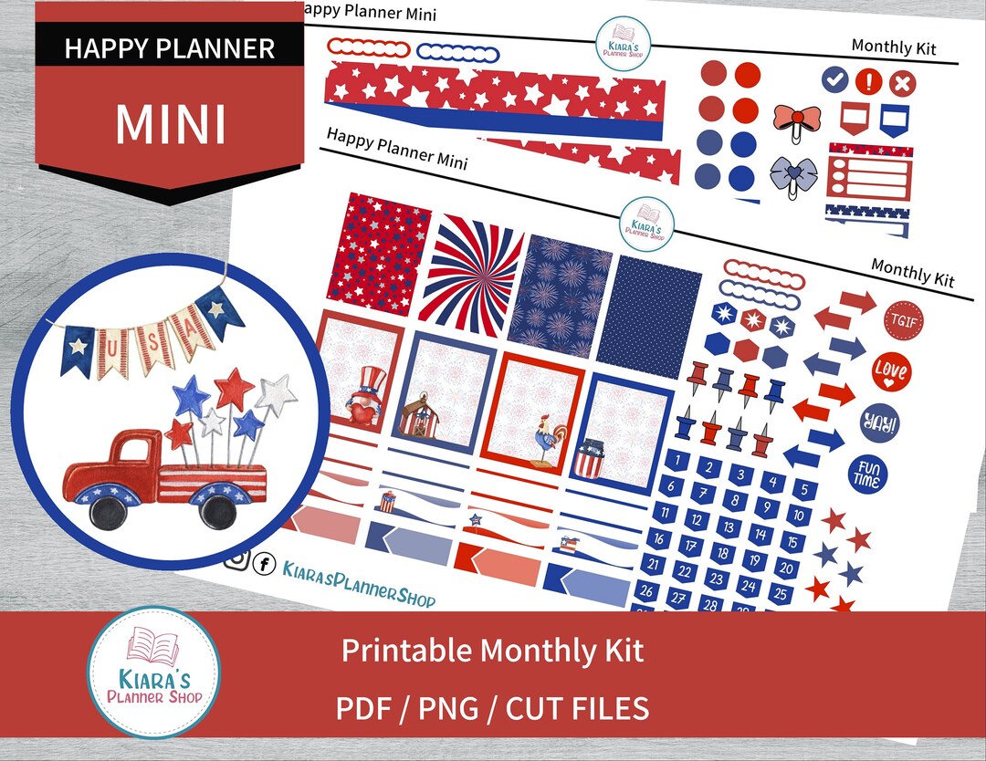 Stars and Stripes - Printable Monthly Sticker Kit for Happy Planner ...