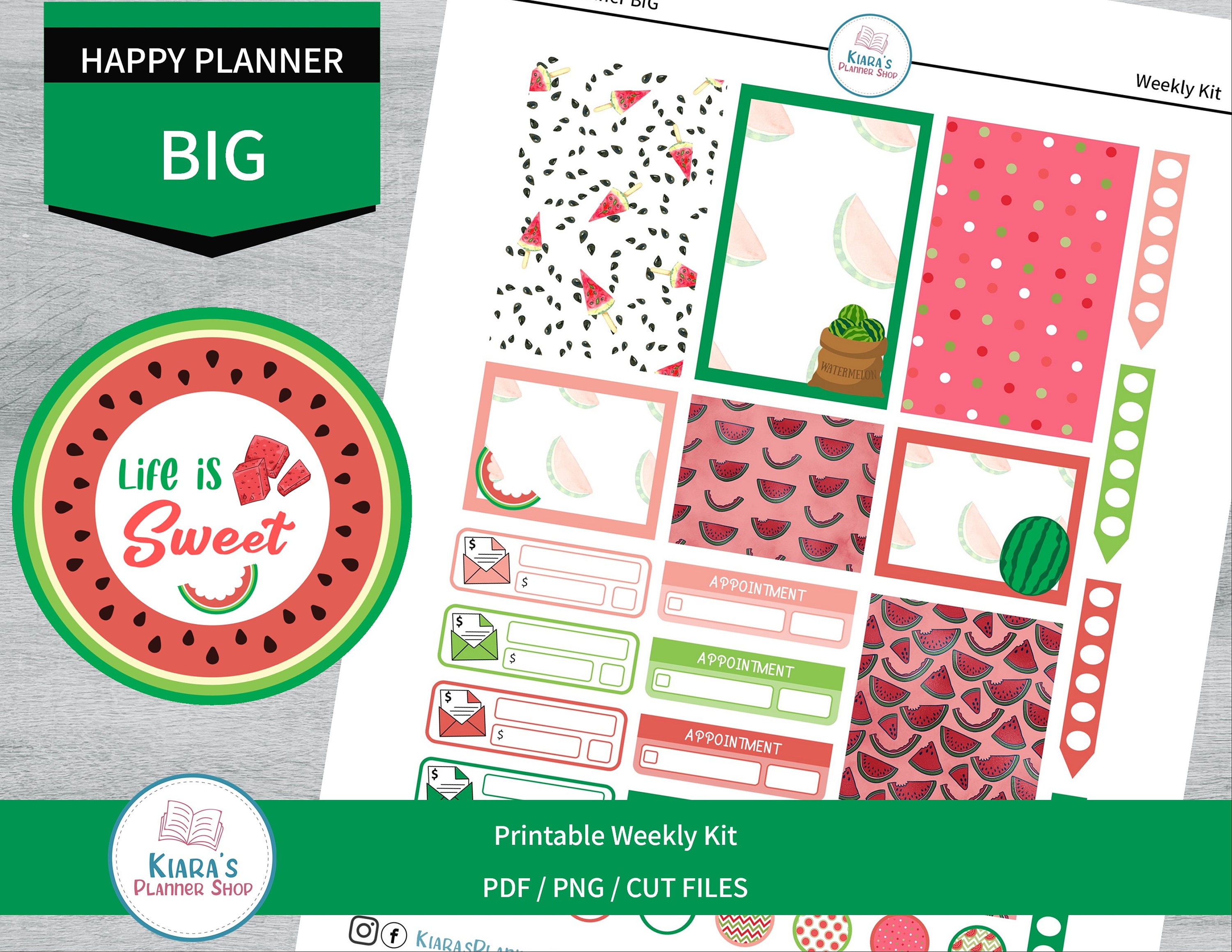 Watermelons Printable Weekly Sticker Kit for Happy Planner BIG WMHPBW 8 ...