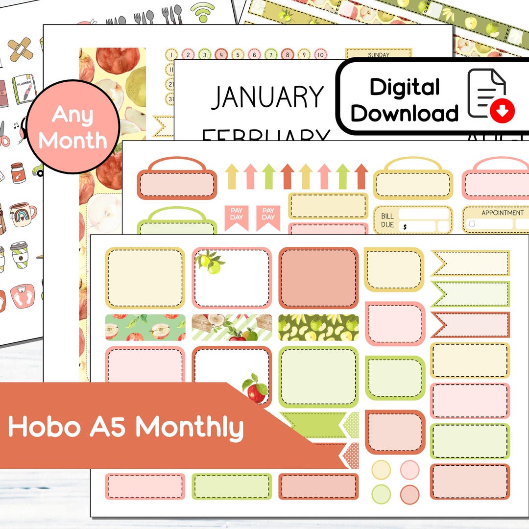 Hobonichi Cousin A5 Monthly - Apples Printable Monthly Sticker Kit ...