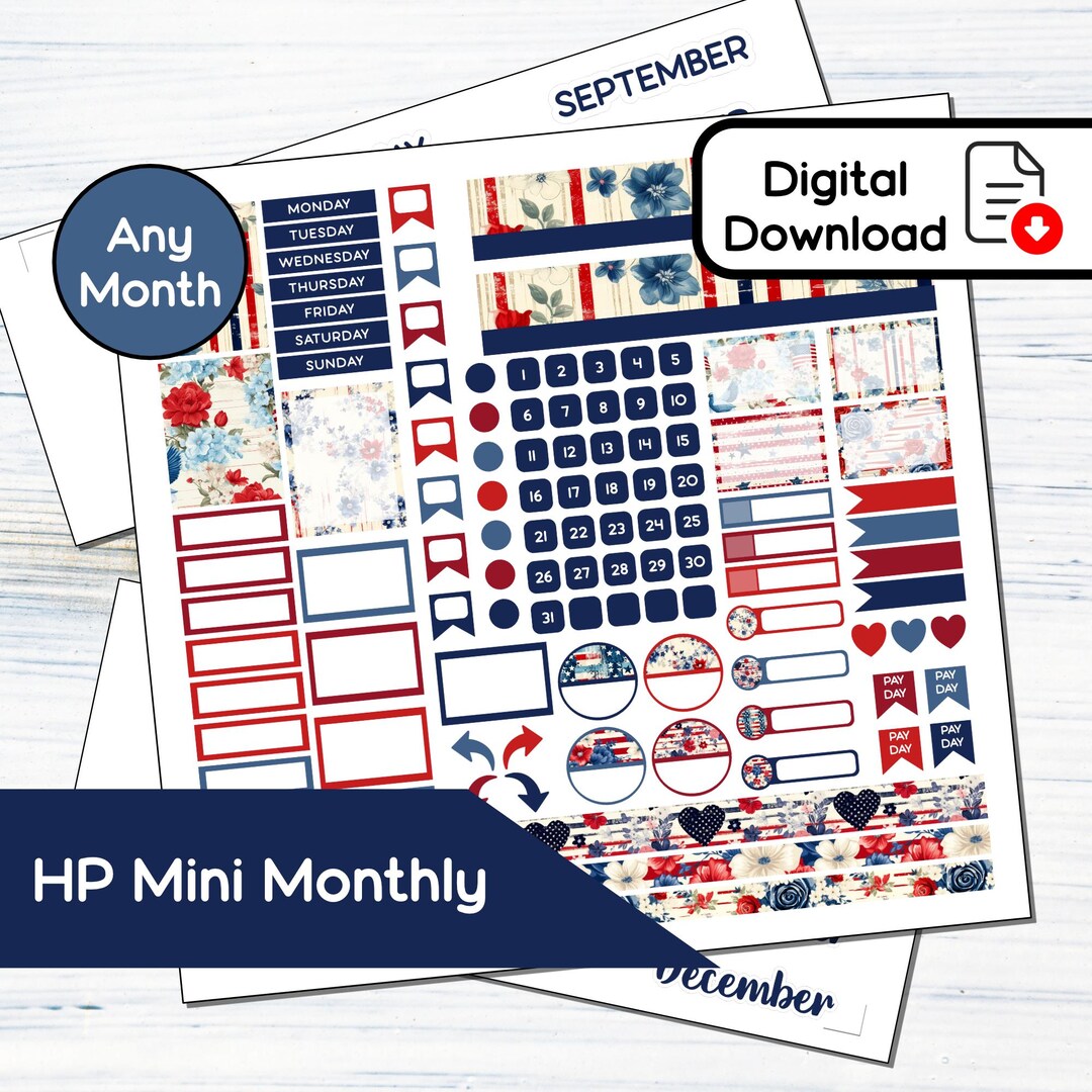 HP Mini Monthly - Patriotic Shabby Chic Printable Monthly Sticker Kit ...