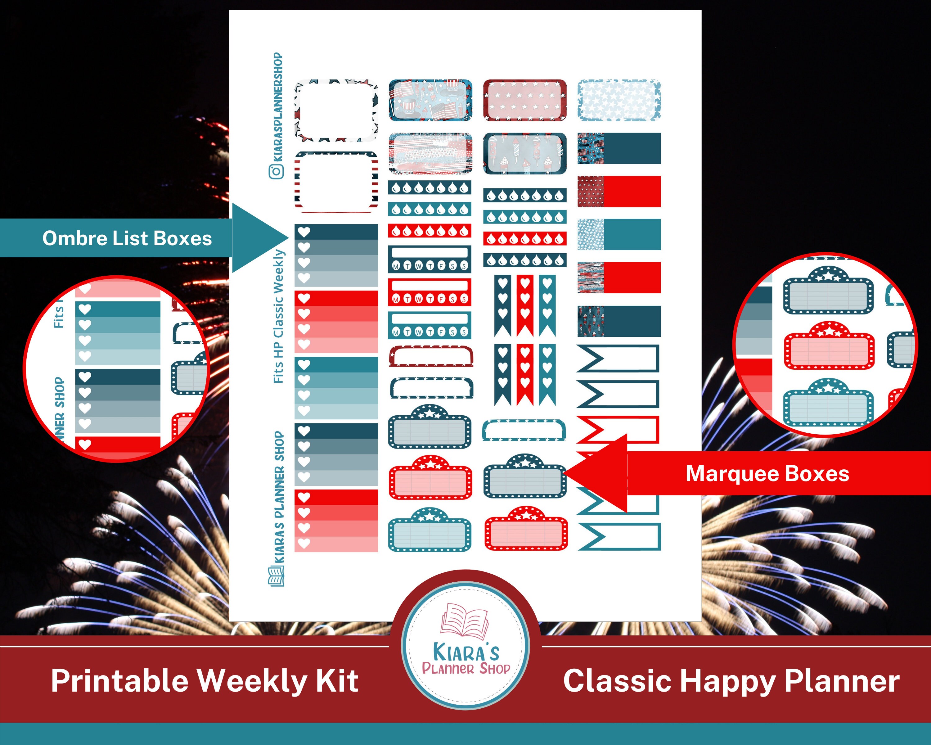 Red White and Blue july Printable Weekly Sticker Kit for Happy Planner ...